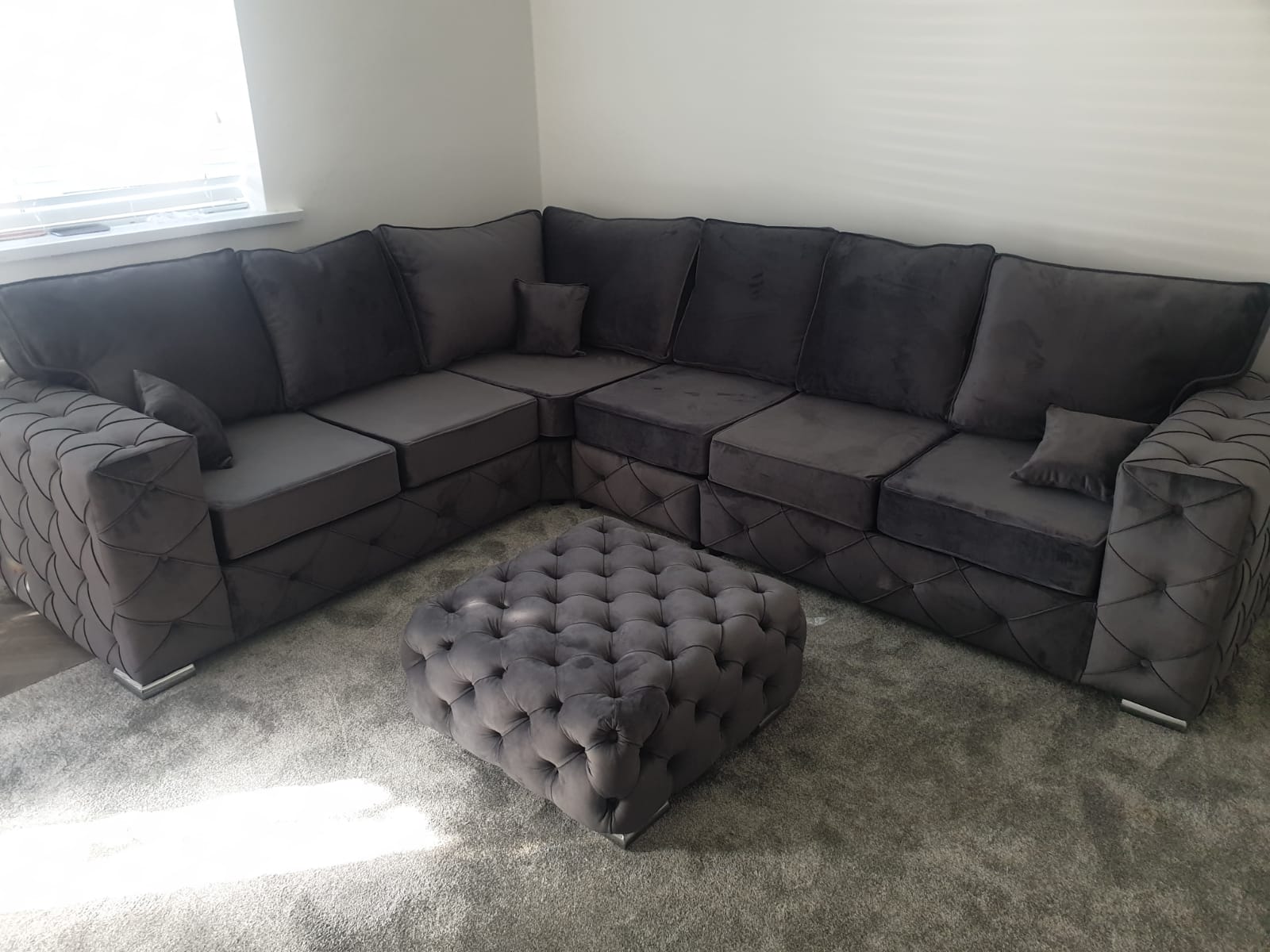 Shop 6 Seater - Milton Grey Fullback + Chesterfield footstool | Budget ...