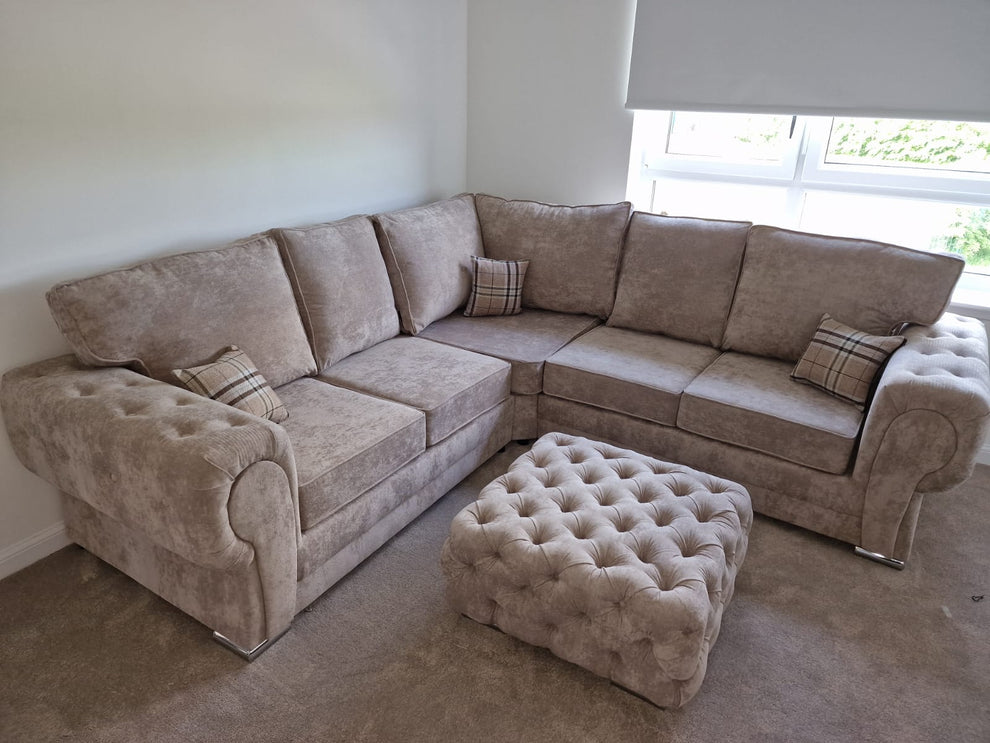 Shop Verona Corner - Mink Chenille Fullback + Footstool | Budget-Friendly Sofas - Sofa World